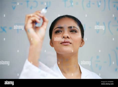 Hand Equation And Science On Glass With Woman In Studio On Gray
