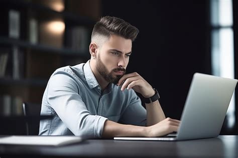 Premium Ai Image Shot Of A Handsome Young Man Working On His Laptop At His Desk Created With