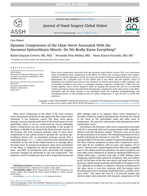 Pdf Dynamic Compression Of The Ulnar Nerve Associated With The