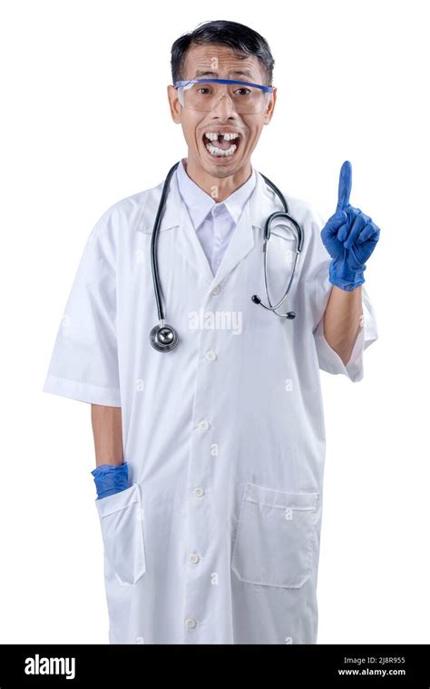 Asian Nerd Scientist With A Stethoscope Standing And Pointing Something Isolated Over White