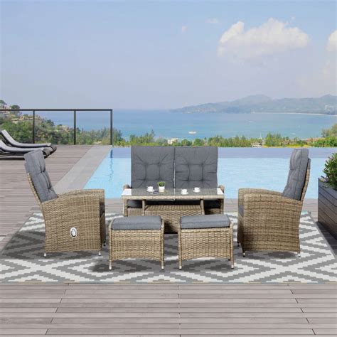 Mixed Grey 4 Seater Rattan Dining Set Includes Chaise Lounge With