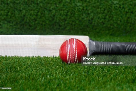 크리켓 방망이와 푸른 잔디 배경에 빨간 공 수평 스포츠 테마 포스터 인사말 카드 헤더 웹 사이트 및 앱 Championship에 대한 스톡 사진 및 기타 이미지 Istock