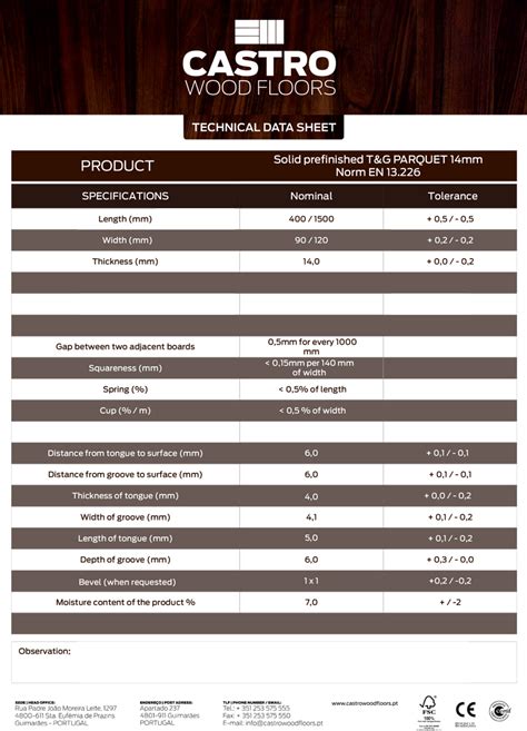 Technical Data Sheet Solid Wood Castro Wood Floors Sa