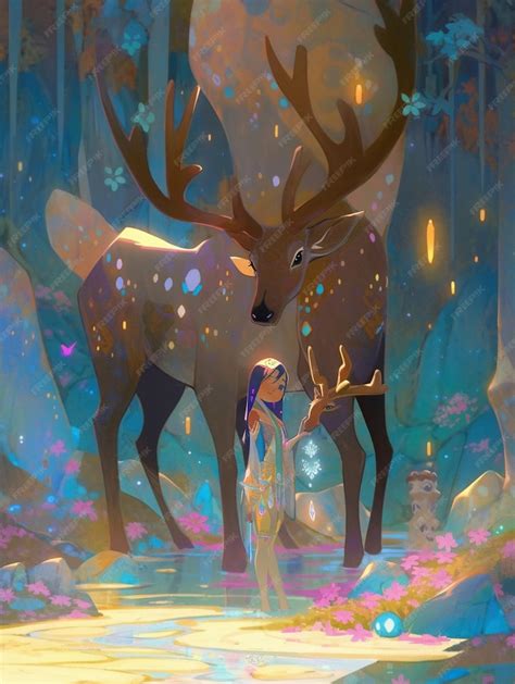Premium Photo Anime Illustration Of A Woman And A Deer In A Forest