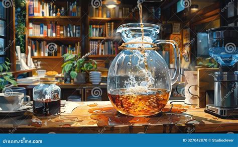 Coffee Brewing With Glass Carafe On Scale Filter Frothy Coffee