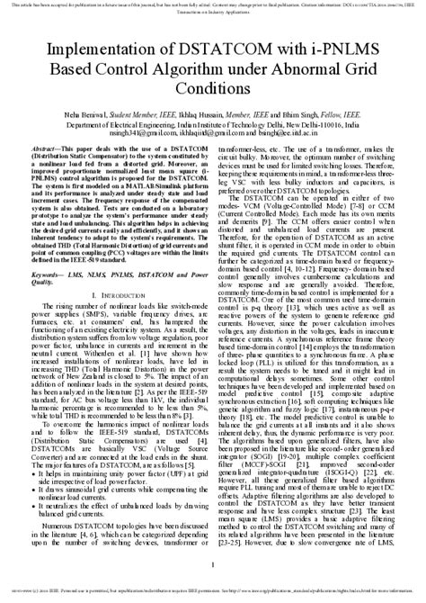 Pdf Implementation Of The Dstatcom With An I Pnlms Based Control