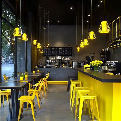 Modern Cafe Interior With Yellow Accents And Industrial Design Stock