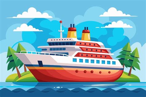 A Cartoon Illustration Of A Large Red And White Cruise Ship Sailing On