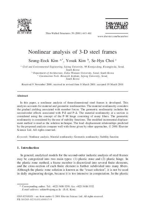 Pdf Nonlinear Analysis Of 3 D Steel Frames