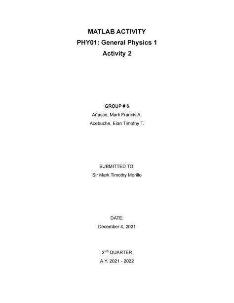 Matlab Sample Asdasgetwerewvdsfwerwerewf Matlab Activity Phy01 General Physics 1 Activity