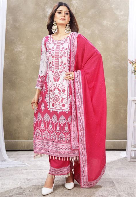 Buy Digital Printed Muslin Silk A Line Suit In White And Fuchsia Online
