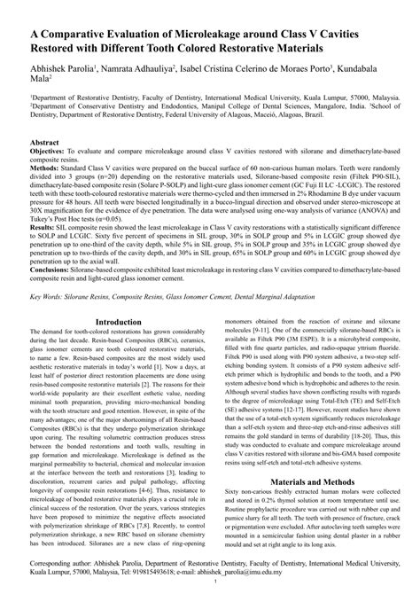 Pdf A Comparative Evaluation Of Microleakage Around Class V Cavities Restored With Different