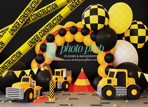 Construction Zone Photography Backdrop Tractors Cranes Black And