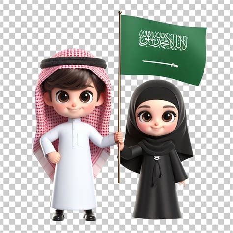 Premium Psd Arabic Boy And Girl Holding Saudi Arabia Flag 3d