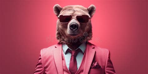 Cool Bear In A Pink Business Suit On A Pink Background Generative Ai