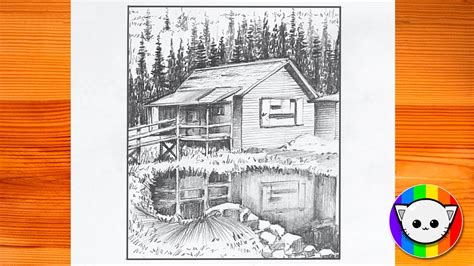 How To Draw Old Cabin Landscape Pencil Sketch Tutorial Youtube