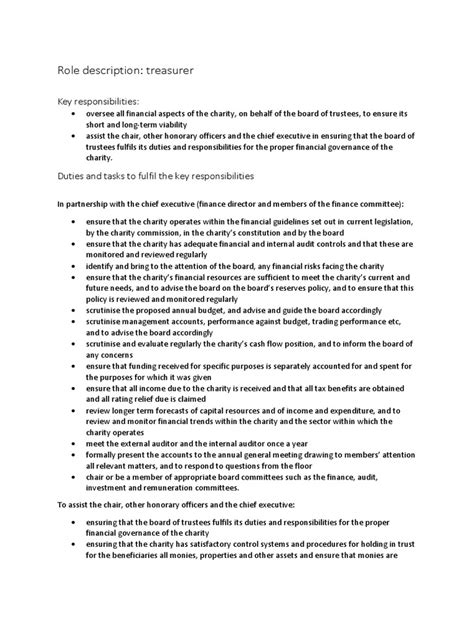 Role Description Treasurer Key Responsibilities Pdf Charitable