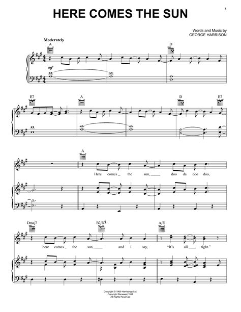 Here Comes The Sun By The Beatles Sheet Music For Piano Vocal And Guitar