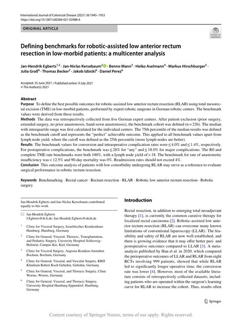 Pdf Defining Benchmarks For Robotic Assisted Low Anterior Rectum