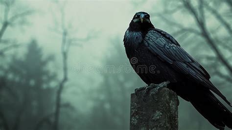 Mysterious Raven Perched On Gravestone In Foggy Forest Setting Stock