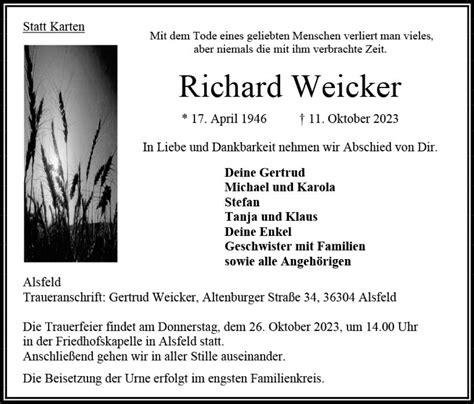Traueranzeigen Von Richard Weicker Vrm Trauerde
