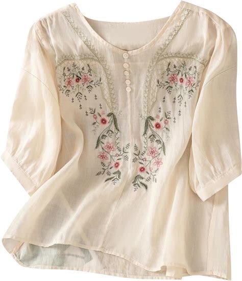 Boho Cotton Tops For Women Linen Tops For Women Embroidered 34 Sleeve