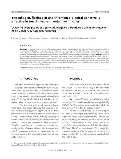 Pdf The Collagen Fibrinogen And Thrombin Biological Adhesive Is
