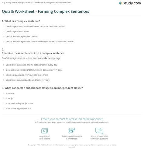 Quiz And Worksheet Forming Complex Sentences