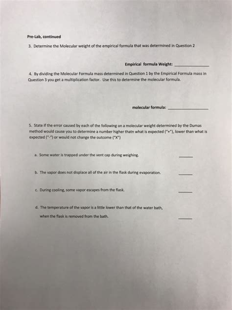 Solved Pre Lab 1 In A Dumas Experiment On An Organic