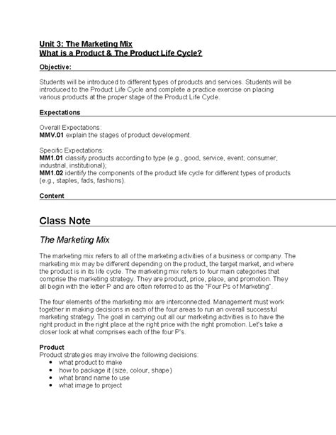 Marketing Mix Product Assignment Unit 3 The Marketing Mix What Is A