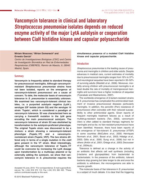 Pdf Vancomycin Tolerance In Clinical And Laboratory Streptococcus