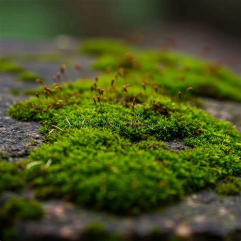 Close Up Of Moss Growing On Tree Trunk With Sunlight Peeking Through The Canopy Stock