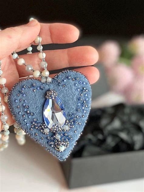 Blue Velvet Heart Necklace Hand Embroidered Heart Pendant Long