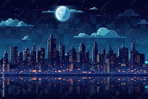 Urban Landscape Of Modern Night City With Moon And Stars Pixel Art Illustration Stock
