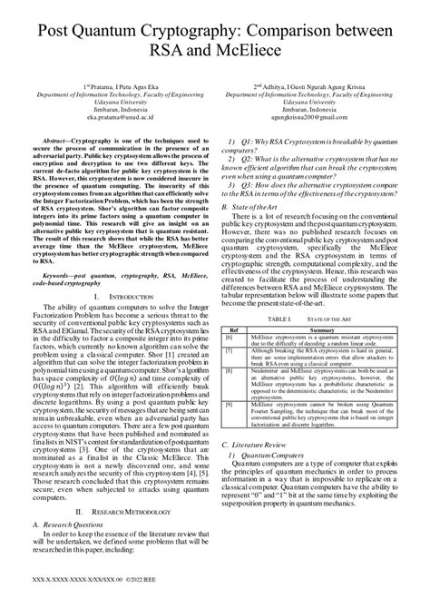 Pdf Post Quantum Cryptography Comparison Between Rsa And Mceliece