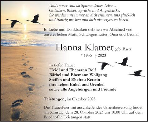 Traueranzeigen Von Hanna Klamet Trauer In Thueringende