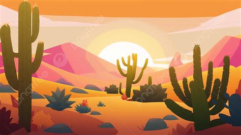 Desert Cactus Plant Flat Sunset Background Summer Sunset Desert