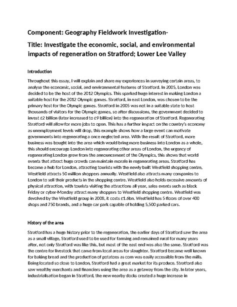 Geography Fieldwork Investigation Impacts Of Stratford Regeneration On