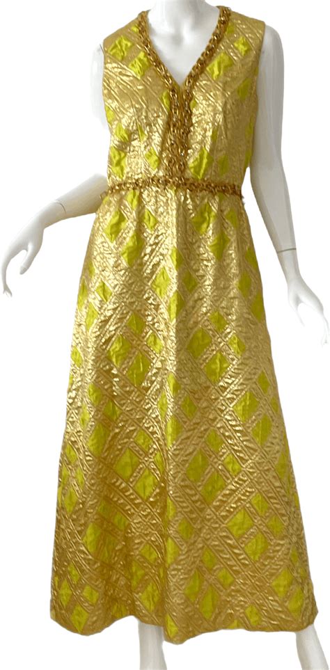 Vintage 60s Gold Brocade Rhinestone Metallic Pastel Dress By Oscar De