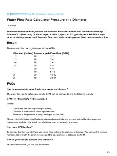 Water Flow Rate Calculator Pressure And Diameter Pdf Flow