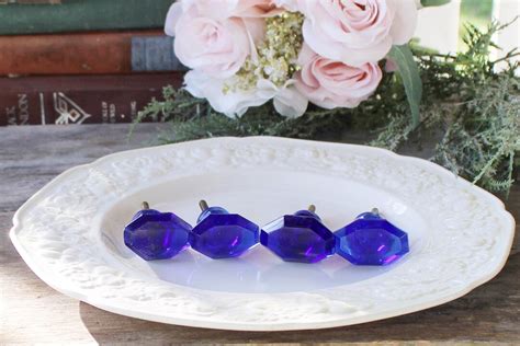 Set Of 4 Vintage Cobalt Blue Glass Knobs Drawer Pulls Hardware Diy