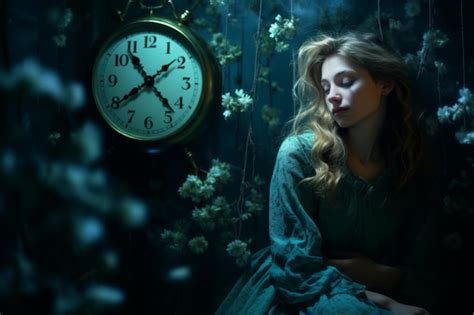 Una Mujer Está Sentada Frente A Un Reloj En Una Habitación Oscura