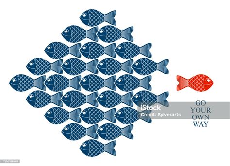 재미 만화 물고기와 함께 표시된 다른 또는 특별한 벡터 개념이하나는 다른 색상과 다른 방향 대체 반대 다양성을 수영하는 것입니다 물고기에 대한 스톡 벡터 아트 및 기타