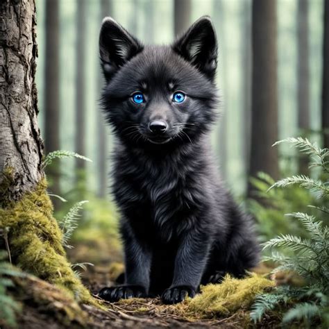Cute Black Wolf Cub With Blue Eyes