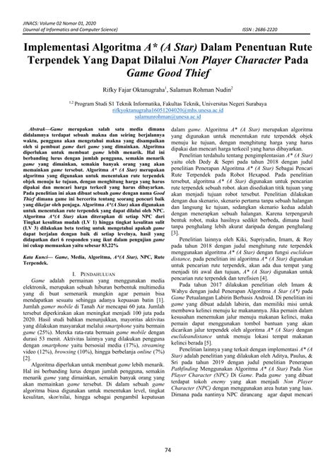 Pdf Implementasi Algoritma A A Star Dalam Penentuan Rute Terpendek Yang Dapat Dilalui Non