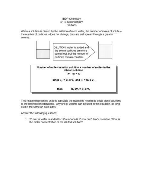 Dilutions Worksheet Pdf Mole Unit Concentration