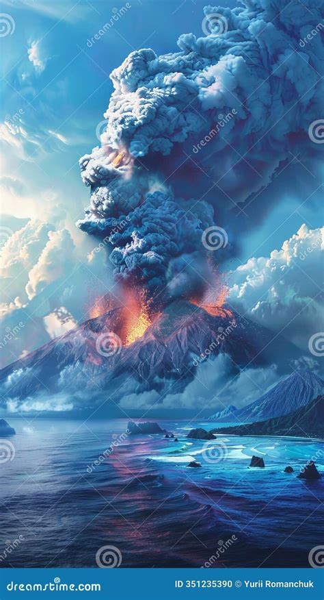 Stunning Scene Of Volcanic Eruption On A Lush Tropical Island With Ash
