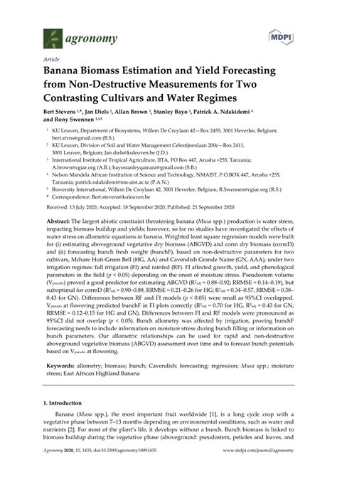 Pdf Banana Biomass Estimation And Yield Forecasting From Non Destructive Measurements For Two