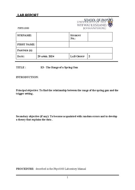 EXP03 Spring Gun Lab Report Template LAB REPORT Babe OF PHYSICS PHYS SURNAME Babe NO