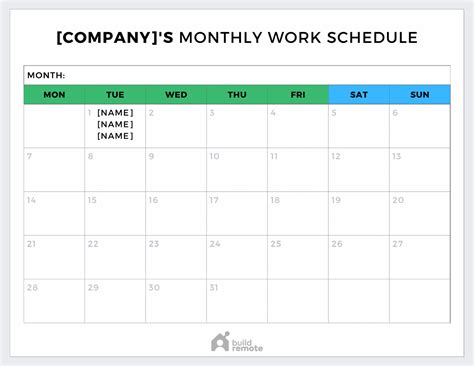 Blank Monthly Work Schedule Template